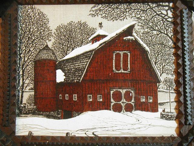 Antique Tramp Art Frame with Country Primitive Barn Picture Winter Sce ...