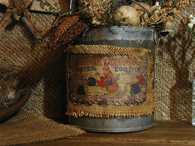 Primitive Rabbit Bunny in Old Farmhouse Maple Syrup Tin Bucket ...